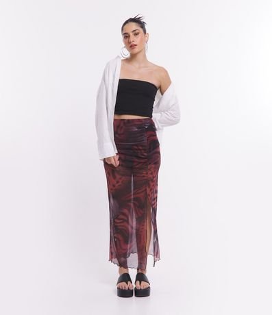 Pollera Larga en Tul Estampada de Manchas con Fruncido y Abertura | Renner